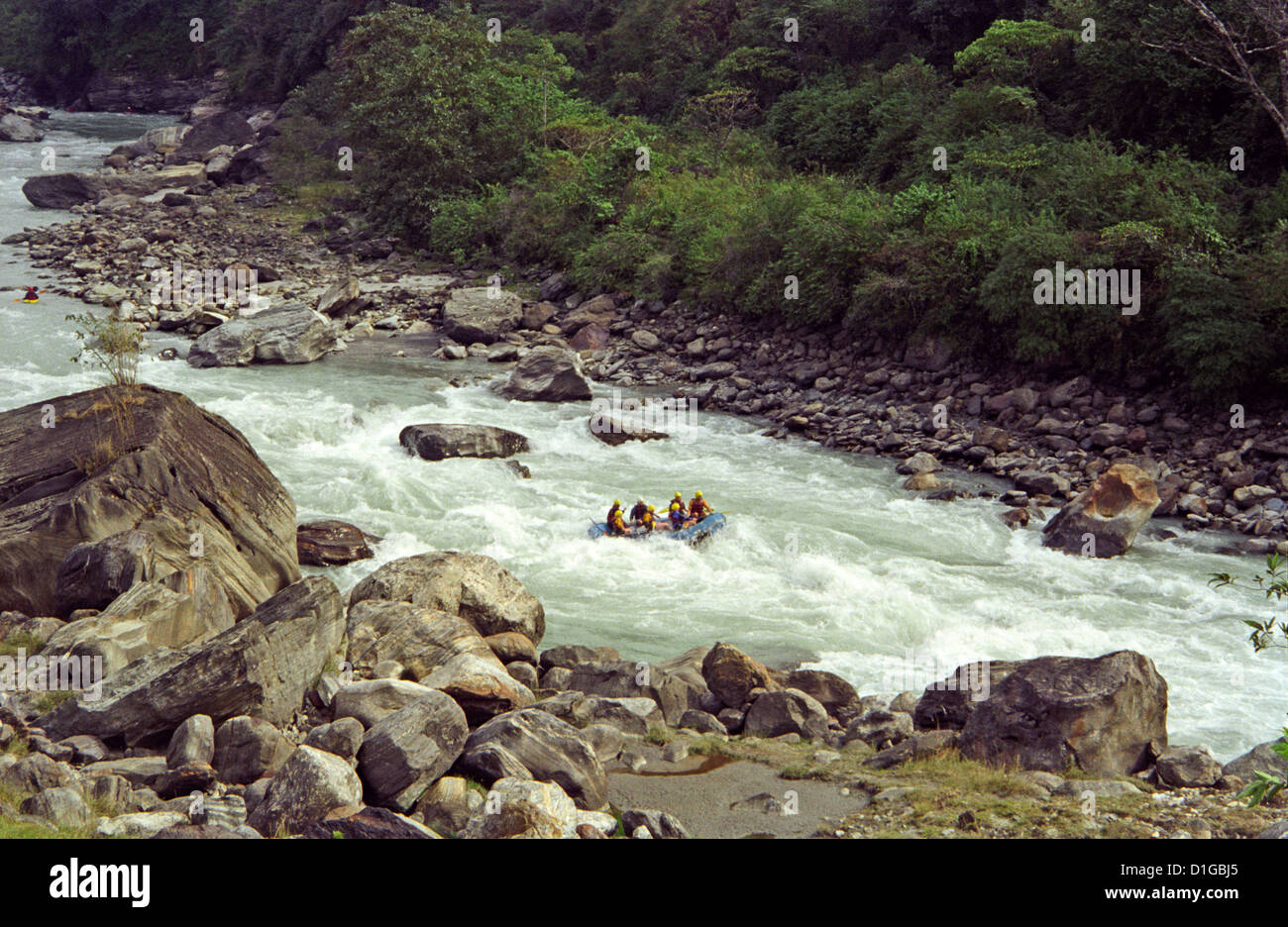 River rafting with inflatables on Marsyangdi River valley north of ...