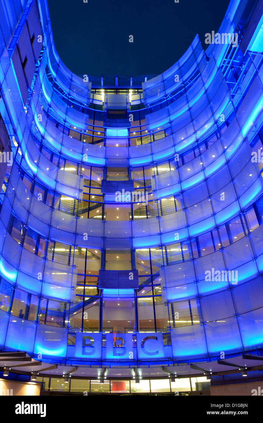 Broadcasting House at night with new east wing extension and BBC logo ...