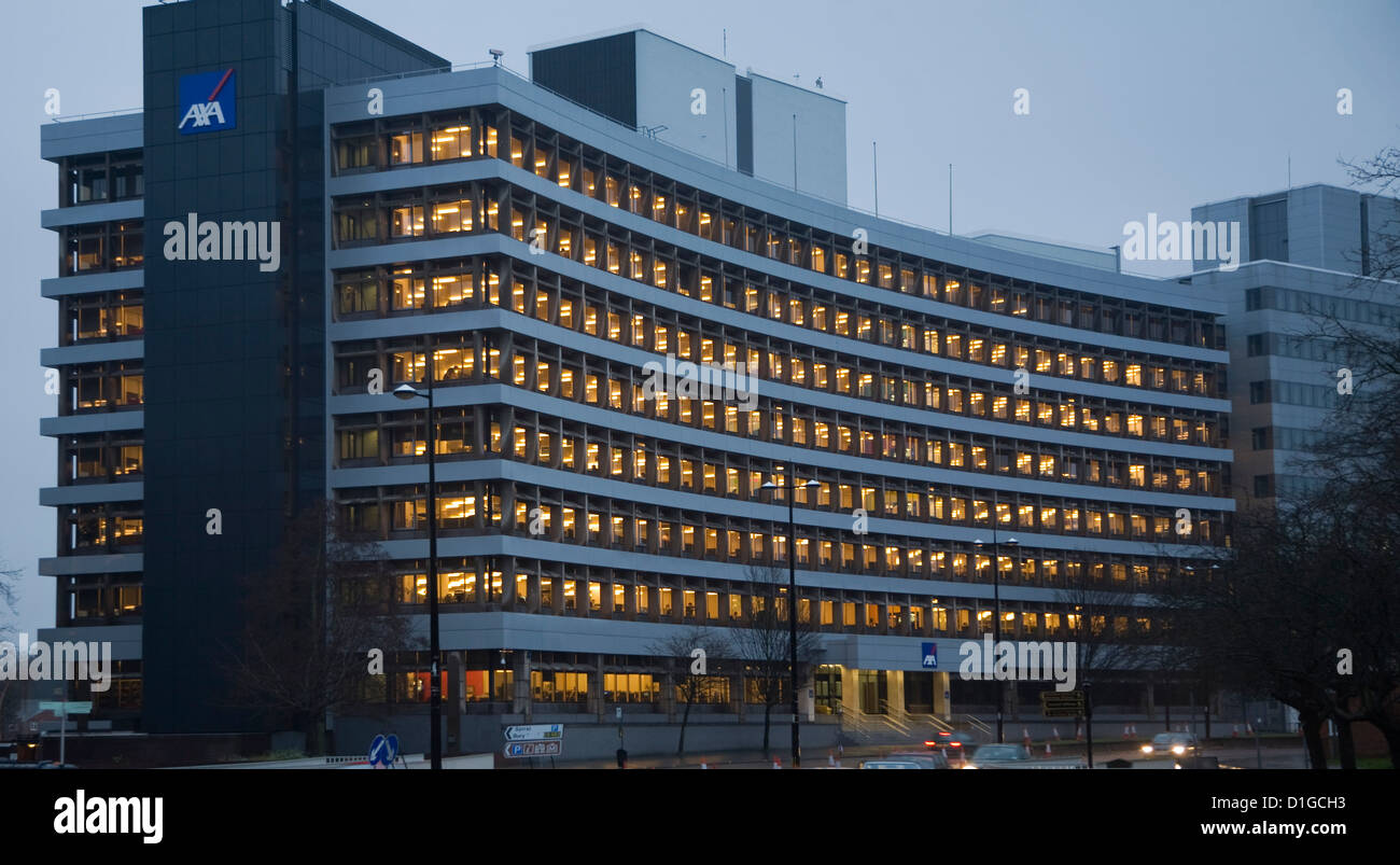 AXA insurance office illuminated on gloomy winter afternoon, Ipswich ...