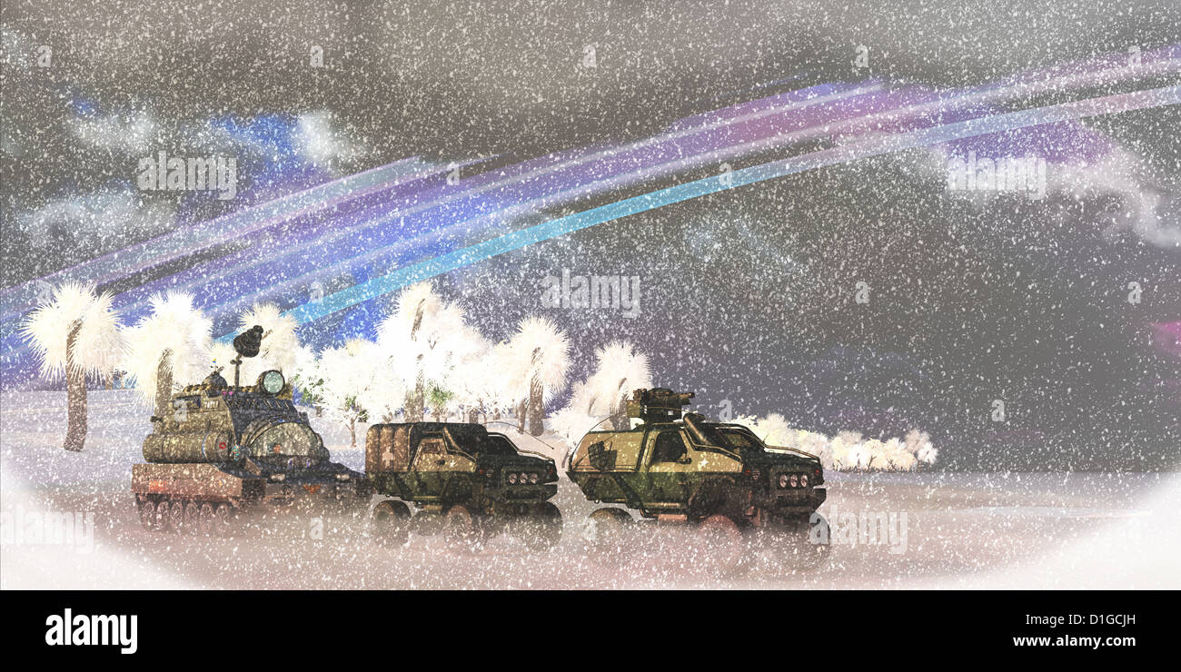 A military convoy crosses a frozen lake on an alien planet in a severe ...