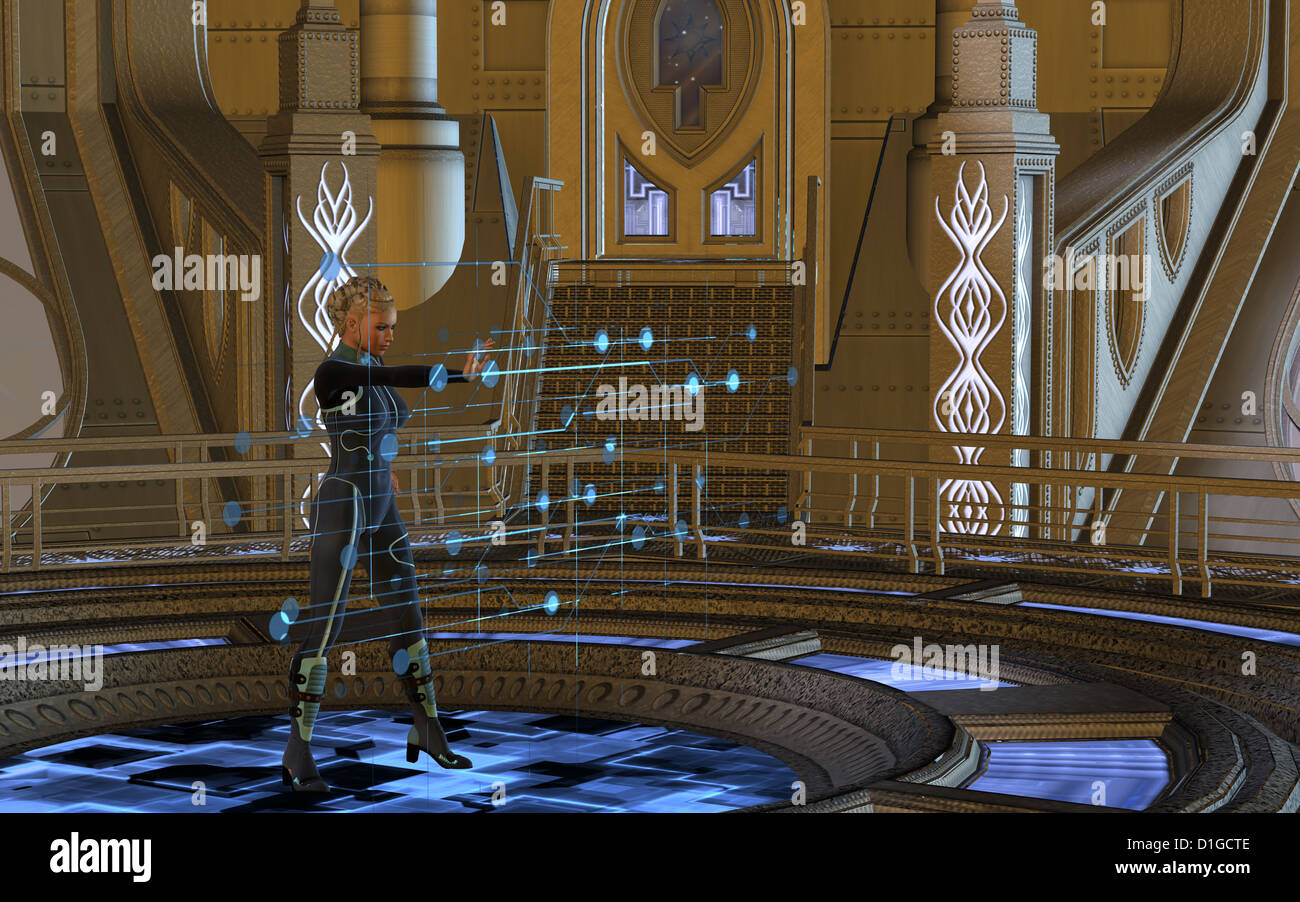 A woman in military uniform using a holographic control center on an ...