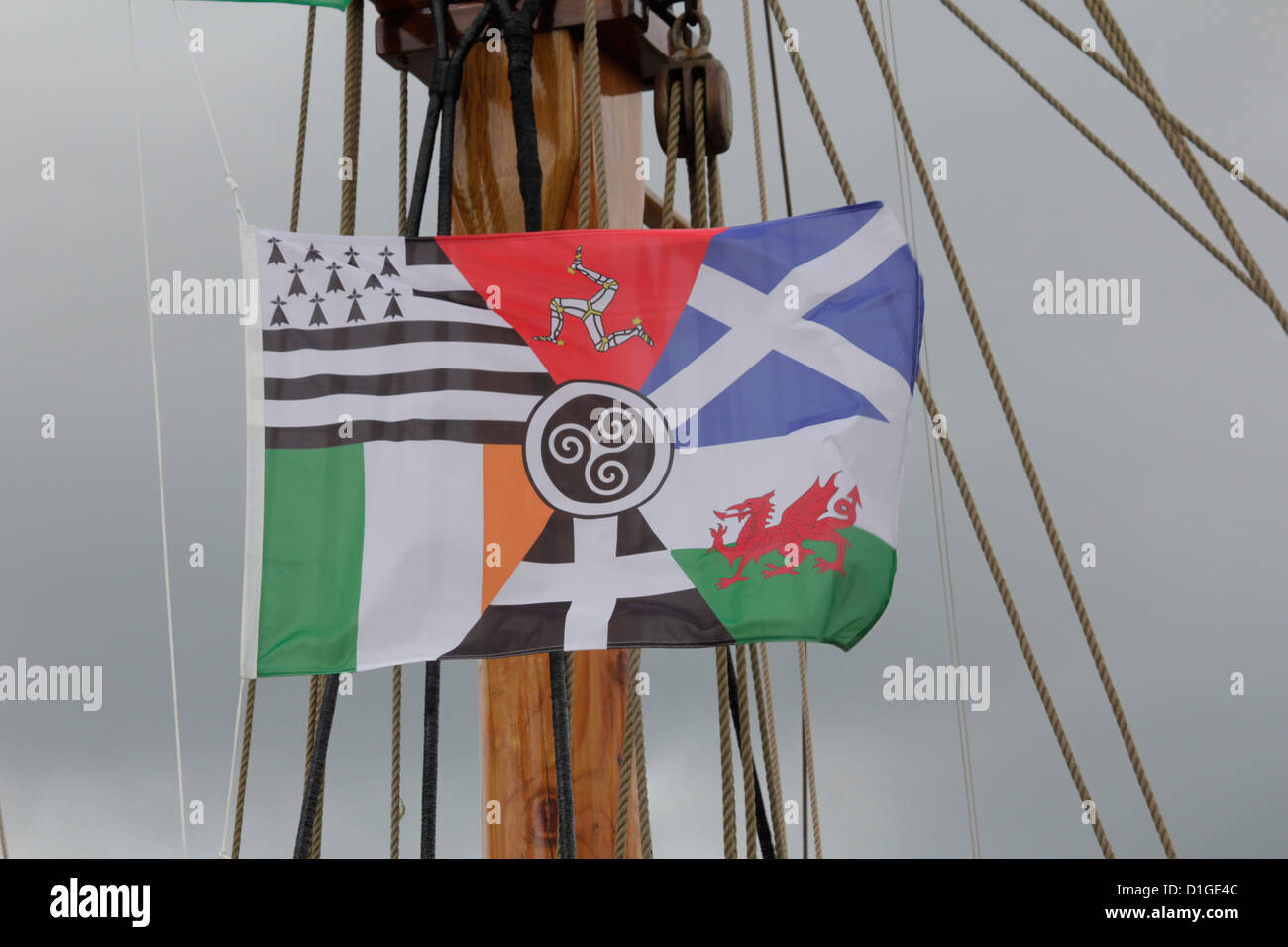 celtic nations flag on boat mast in wales, great britain, uk Stock ...