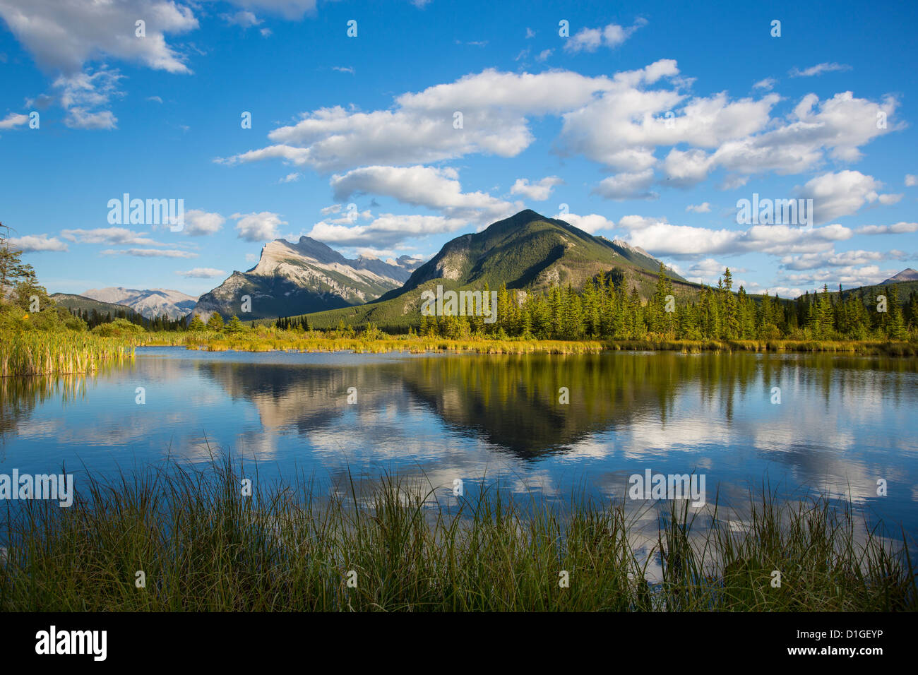 Mount Rundle and Sulphur Mountain reflecting in Vermillion Lakes in ...