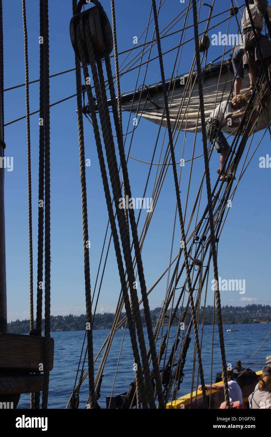 Masts, sails and rigging of a tall ship sailing near Kirkland ...