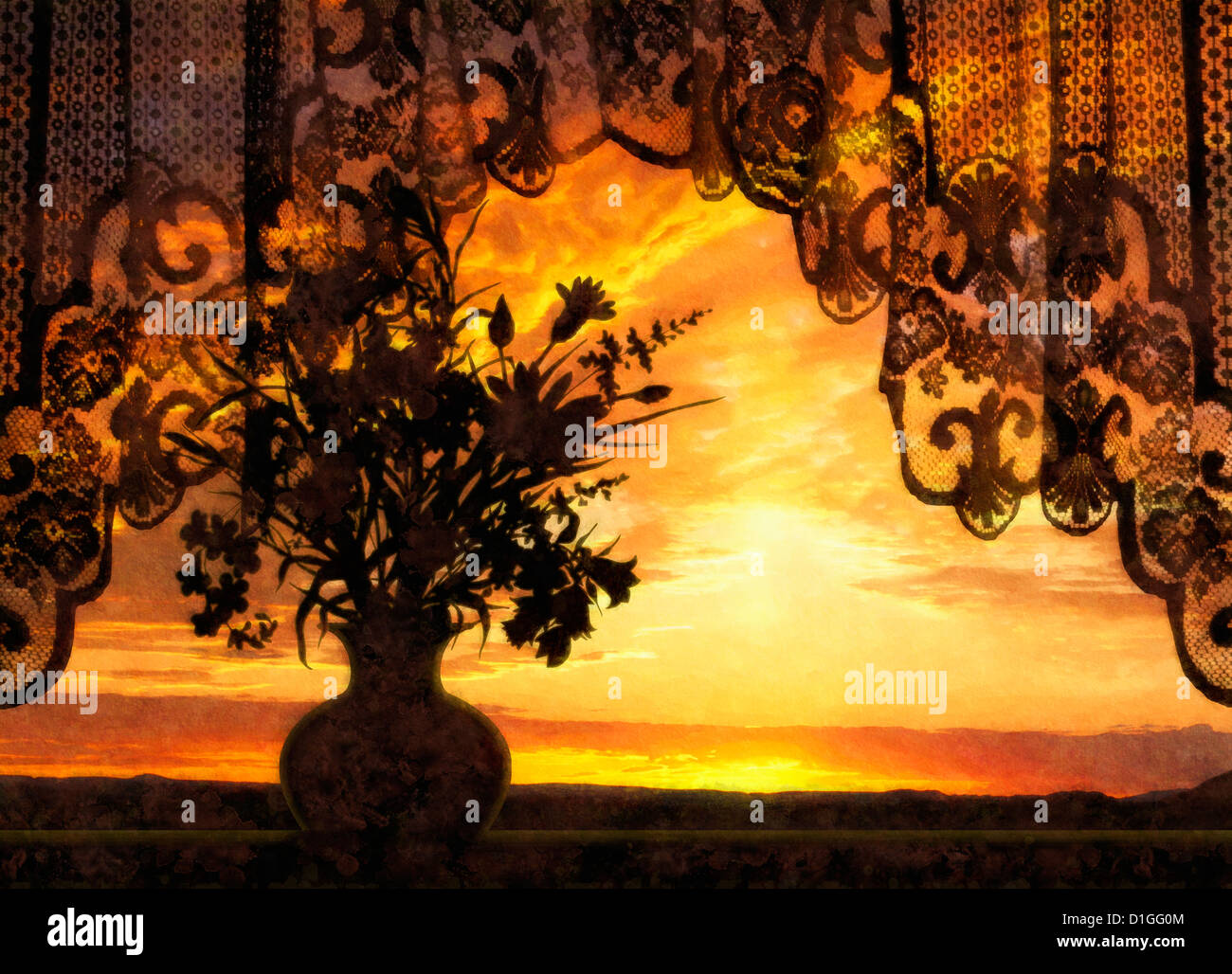View out the window to a beautiful sunset or sunrise with flowers and ...