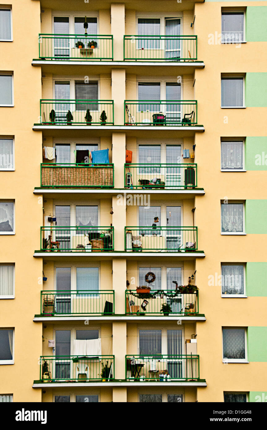 details of a block of flats building with windows and balconies Stock ...