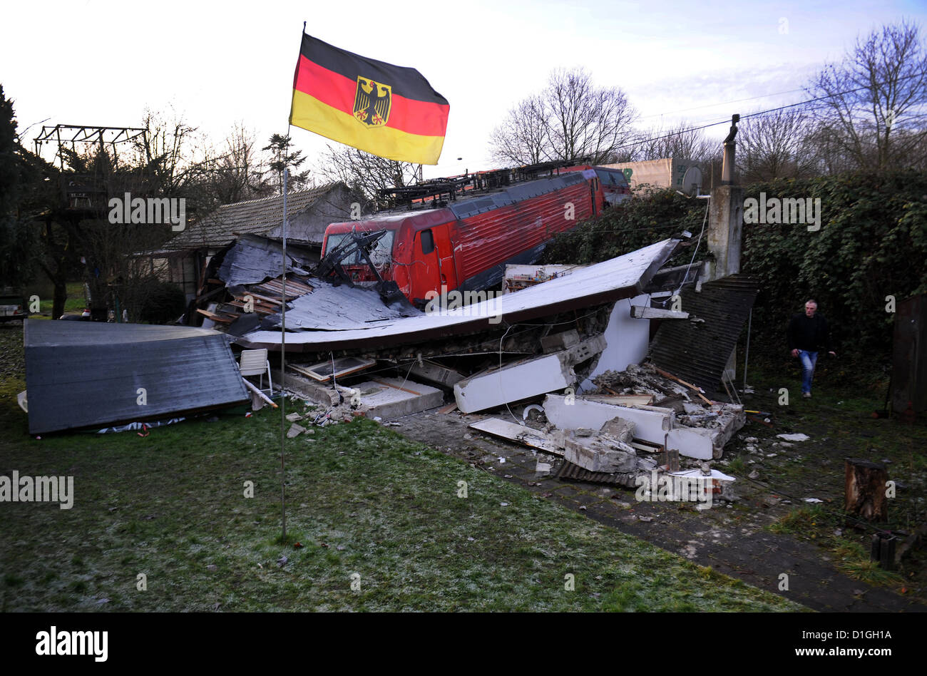 A derailed fright train is seen behind debris in Duesseldorf, Germany ...