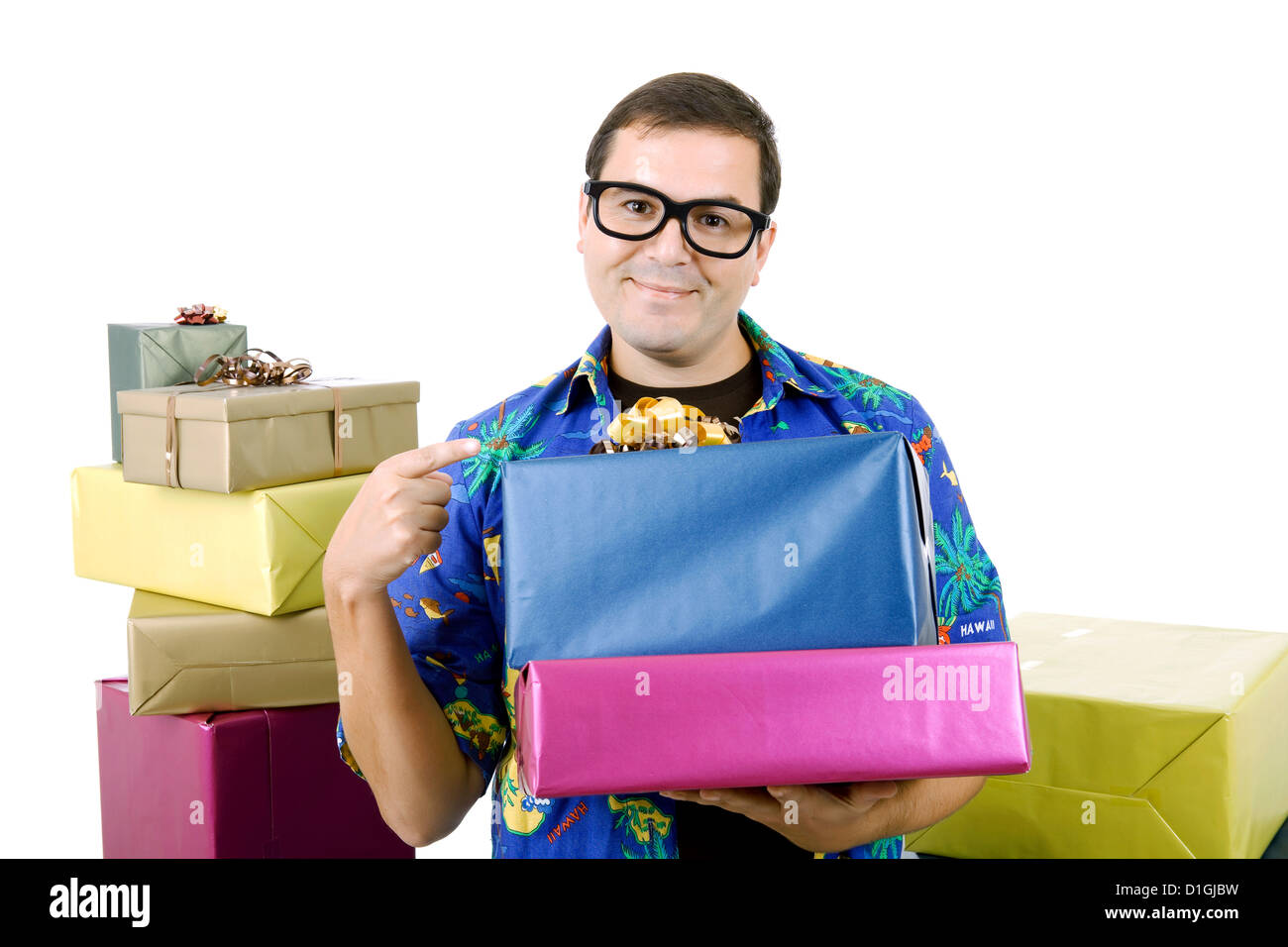 happy silly salesman with some boxes, isolated on white Stock Photo - Alamy