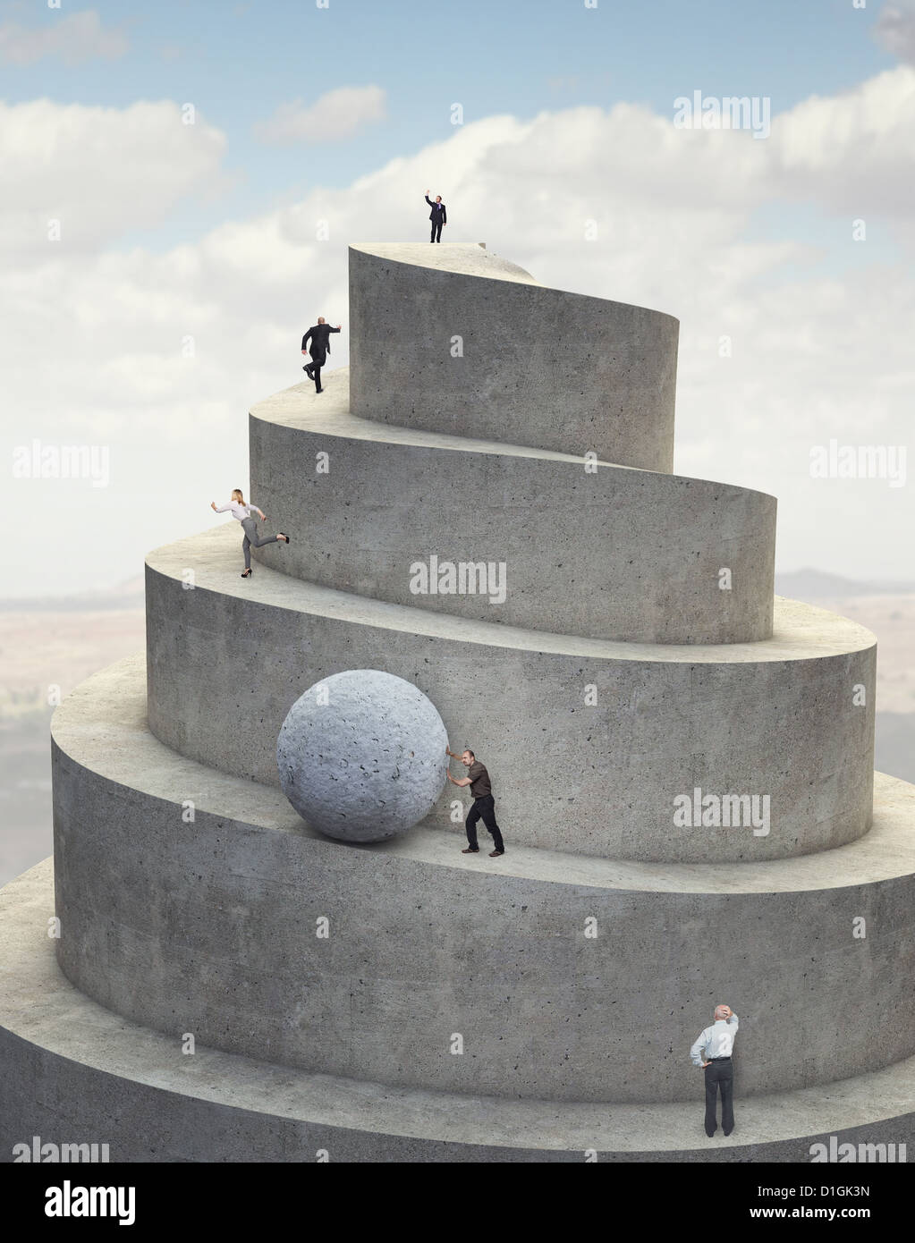business people on 3d abstract success tower Stock Photo - Alamy