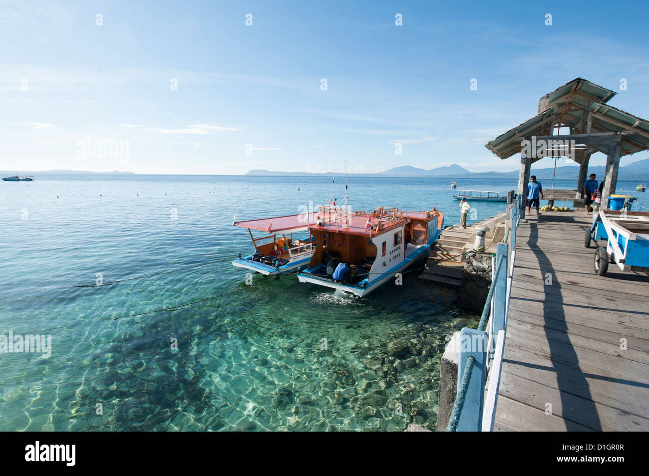 Dive boats at Gangga Island jetty, Sulawesi, Indonesia, Southeast Asia ...
