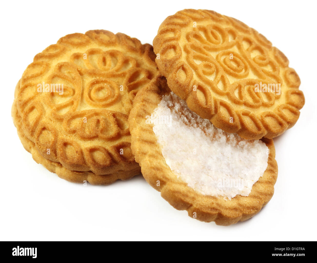 Double layer cream cookies over white background Stock Photo - Alamy
