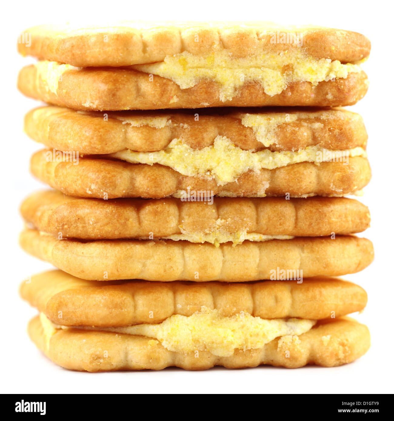 Double layer cream cookies over white background Stock Photo - Alamy