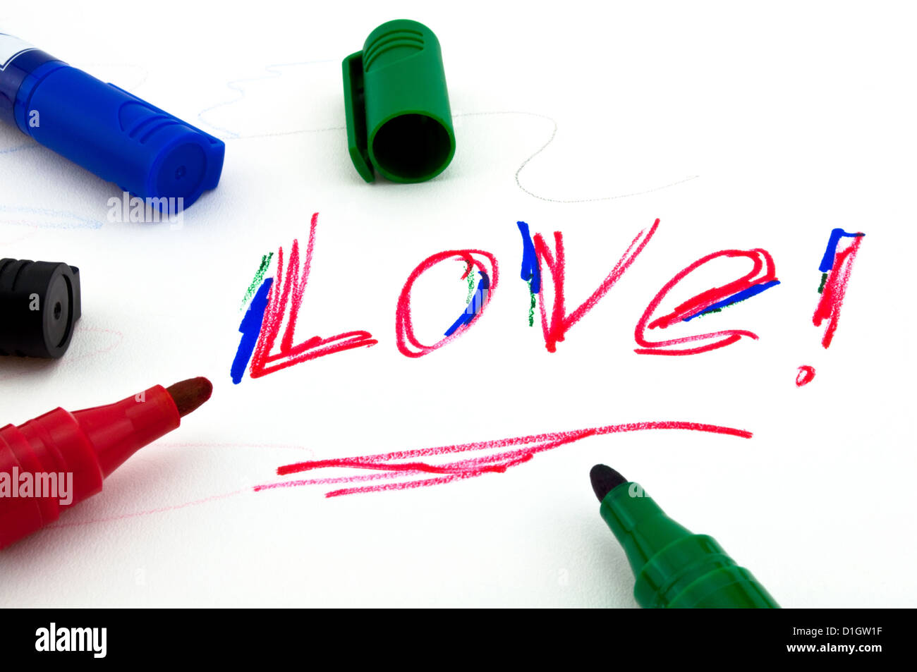word "love" written colour marker on white paper Stock Photo - Alamy