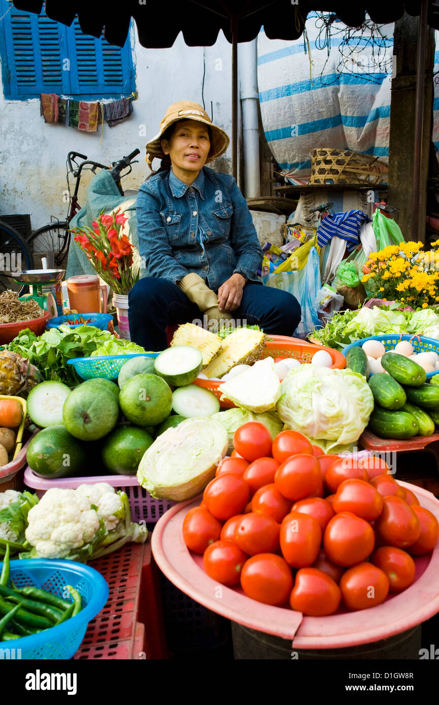 Vegetable seller portrait, Hoi An market, Vietnam, Indochina, Southeast ...