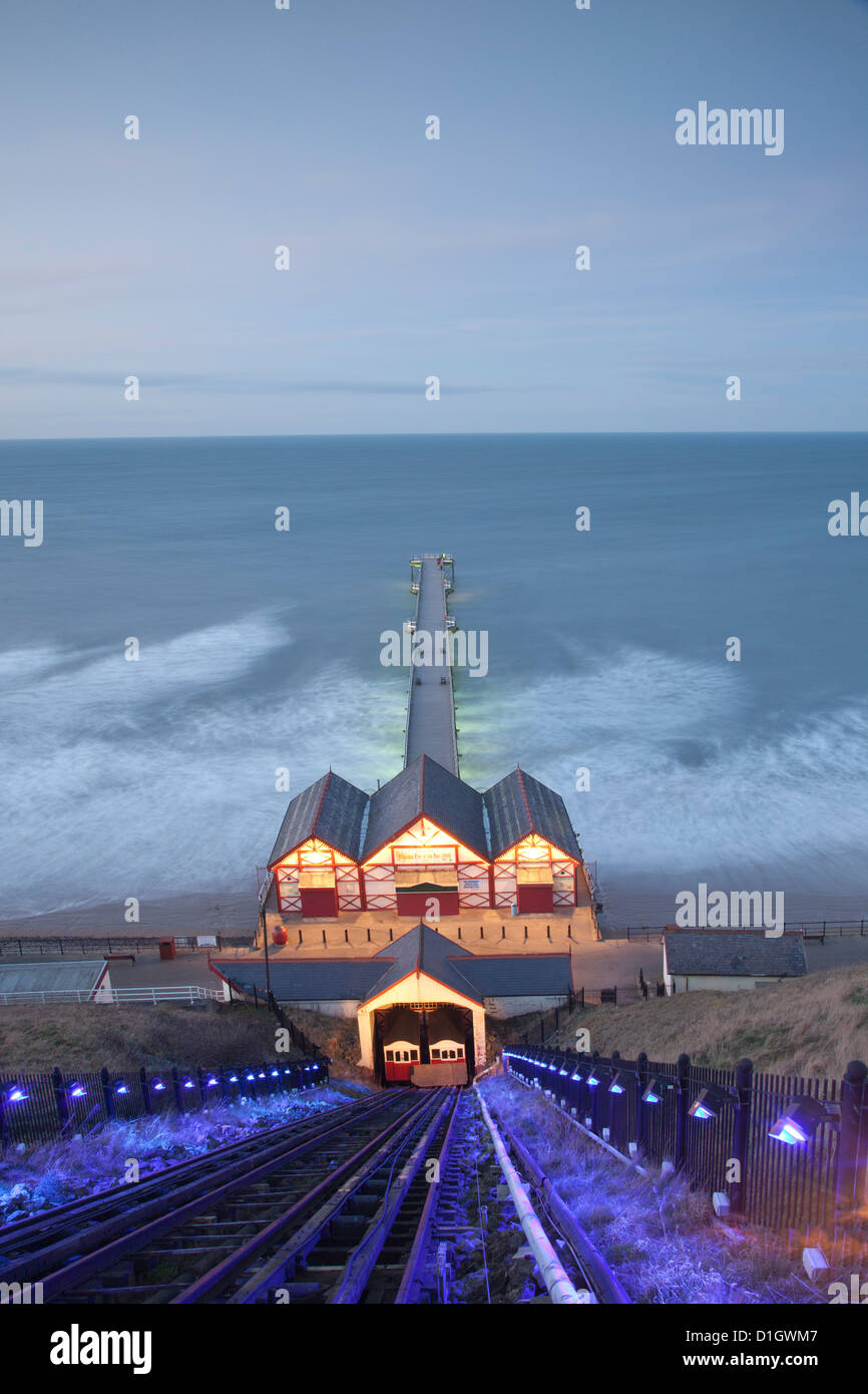 The illuminated pier at Saltburn-by-the-Sea, North Yorkshire, at sunset ...