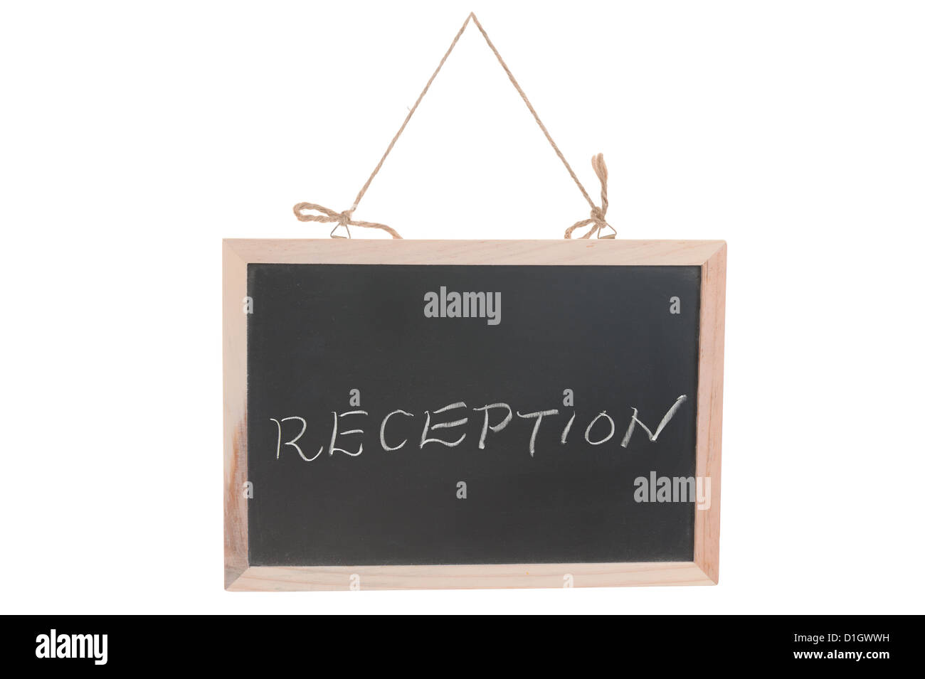 Reception word on blackboard hanging by rope isolated against white ...