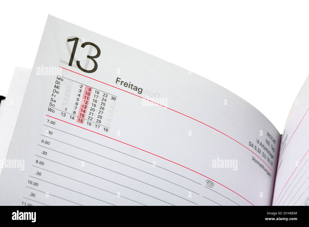 Close up of a open diary - 13 friday (german - Freitag), isolated on ...