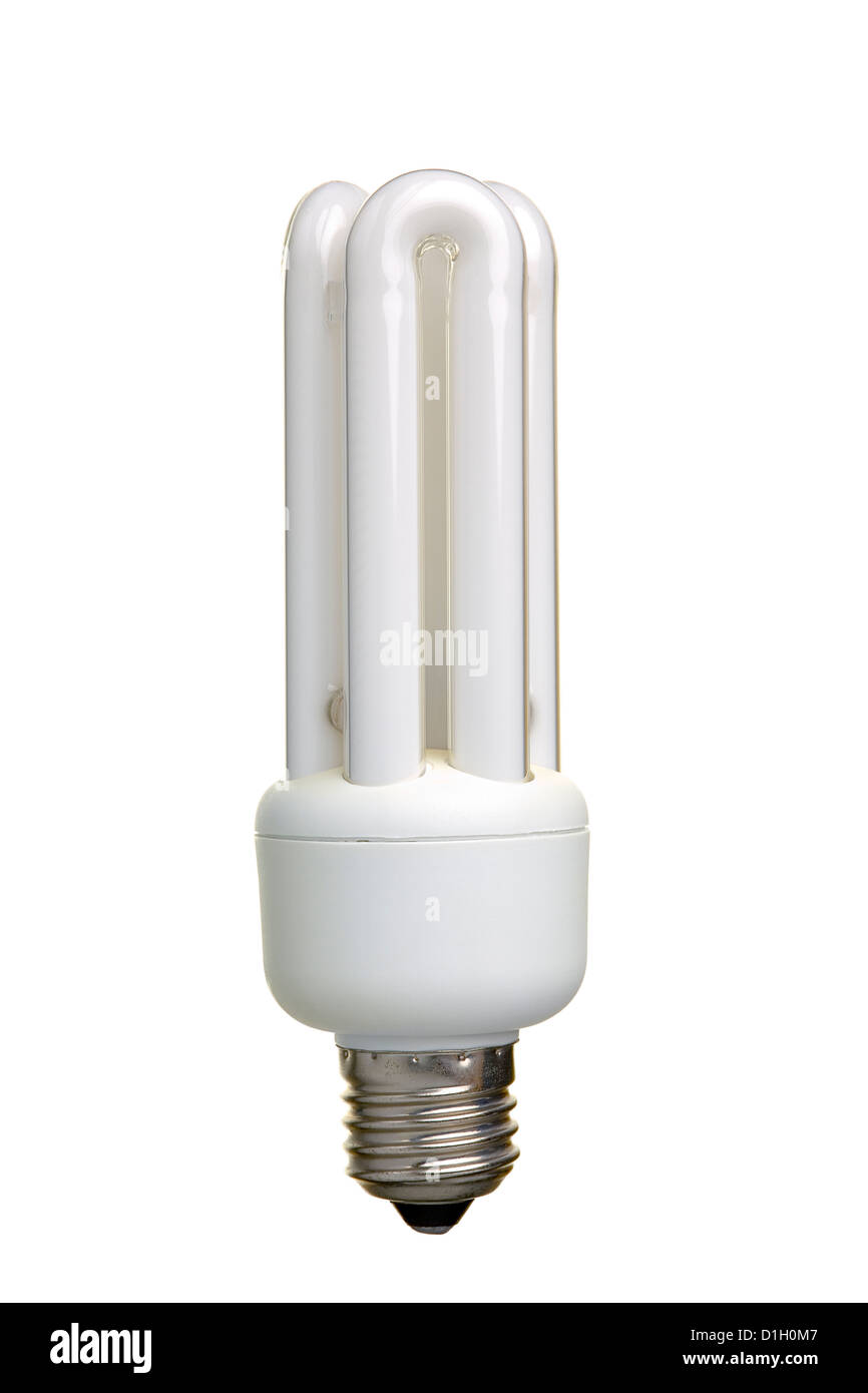 Close up of a fluorescent light bulb, isolated on white background ...