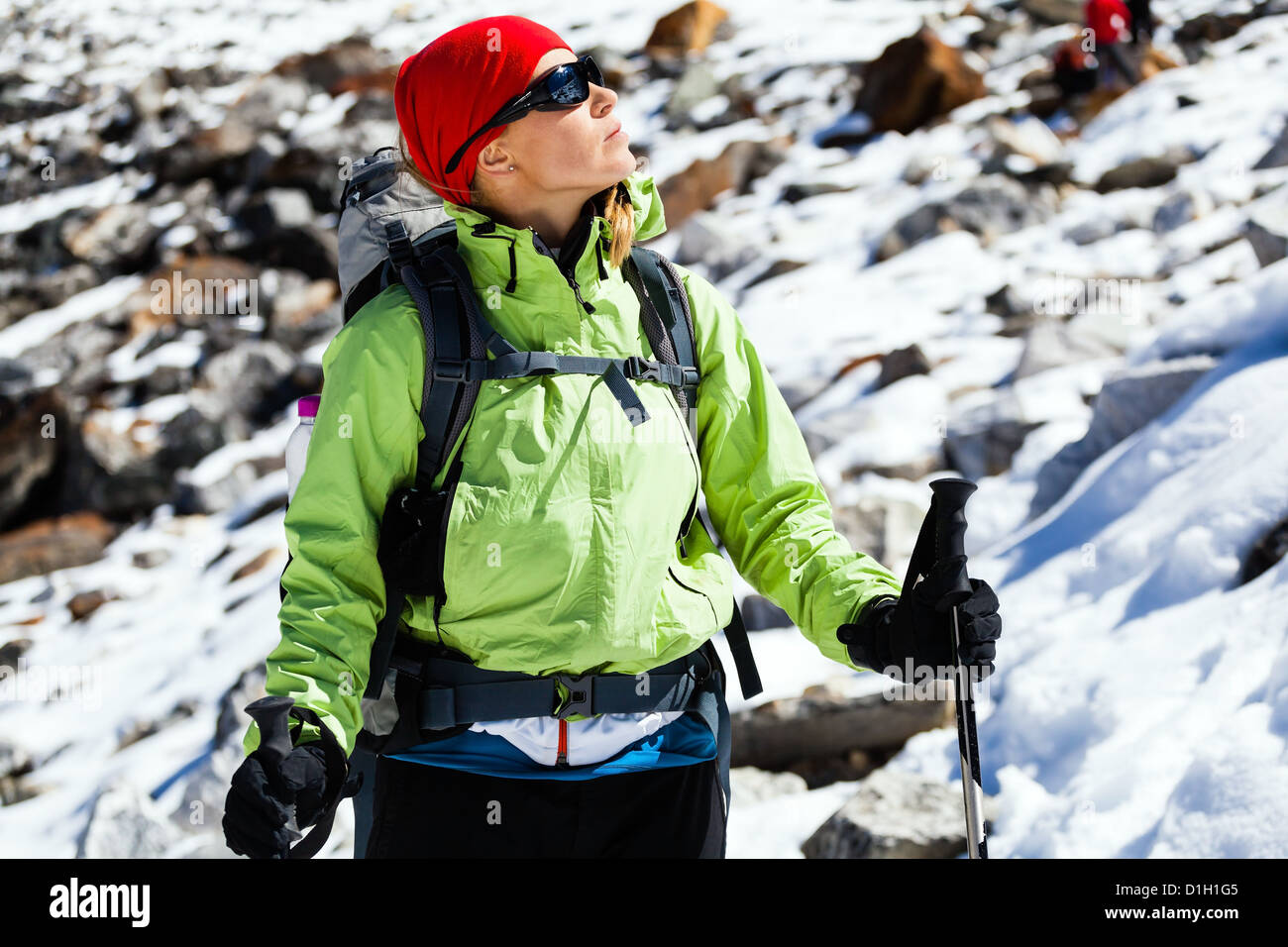 Female hiker in Himalayas looking at beautiful mountains view, Nepal ...
