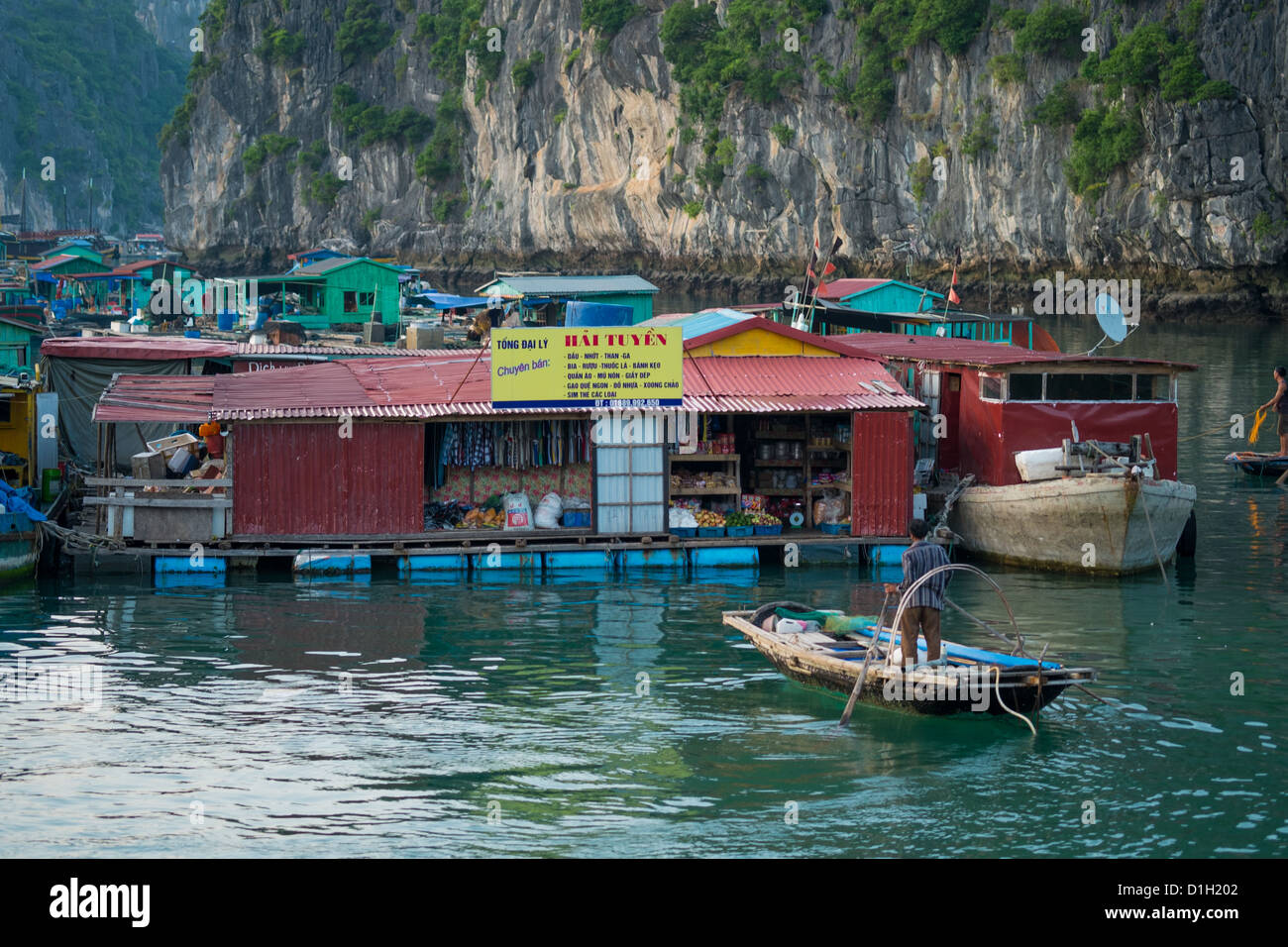 General view of floating fishing village by Cat Ba Island Stock Photo ...