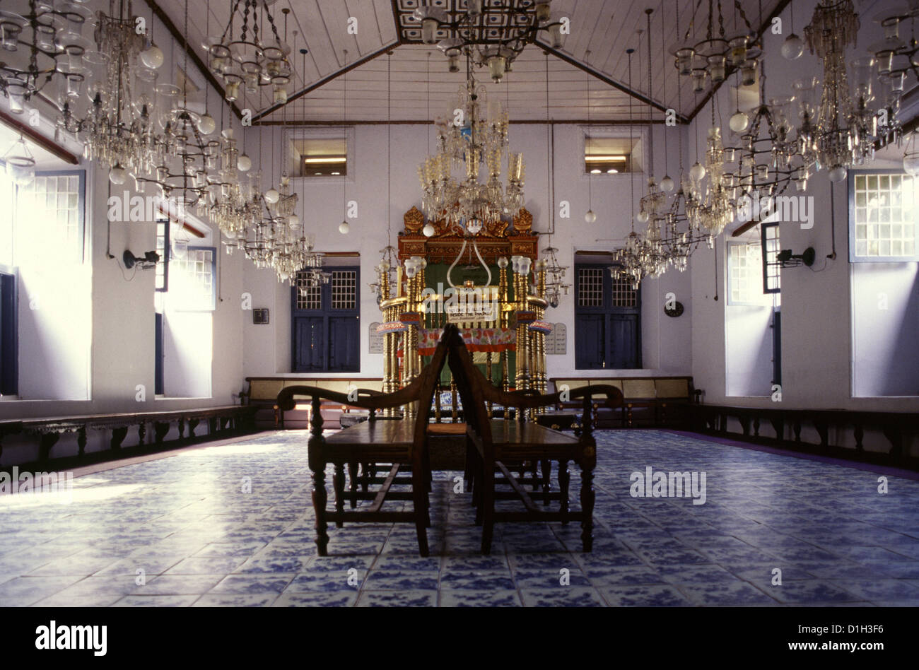 Main hall with brass pulpit and blue tiled floor of Paradesi Synagogue ...