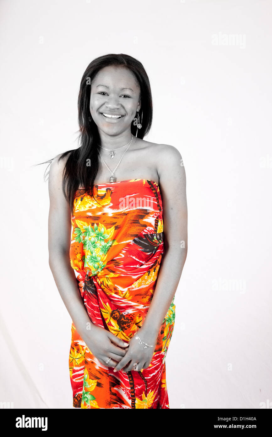 Pretty Island woman with black hair and dark skin, wearing a colorful ...