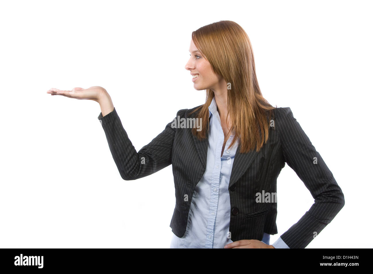 Business woman holding out hand isolated on white Stock Photo - Alamy