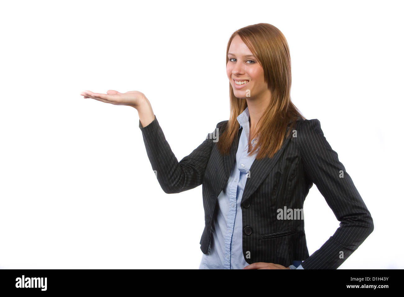 Business woman holding out hand isolated on white Stock Photo - Alamy