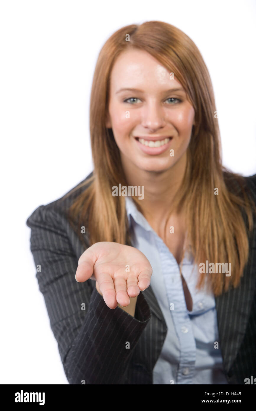 Business woman holding out hand isolated on white Stock Photo - Alamy