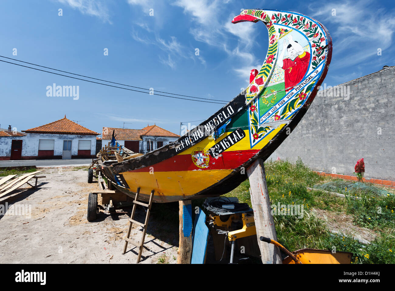 Traditional Portuguese fishing boat moliceiros, in drydock in the ...