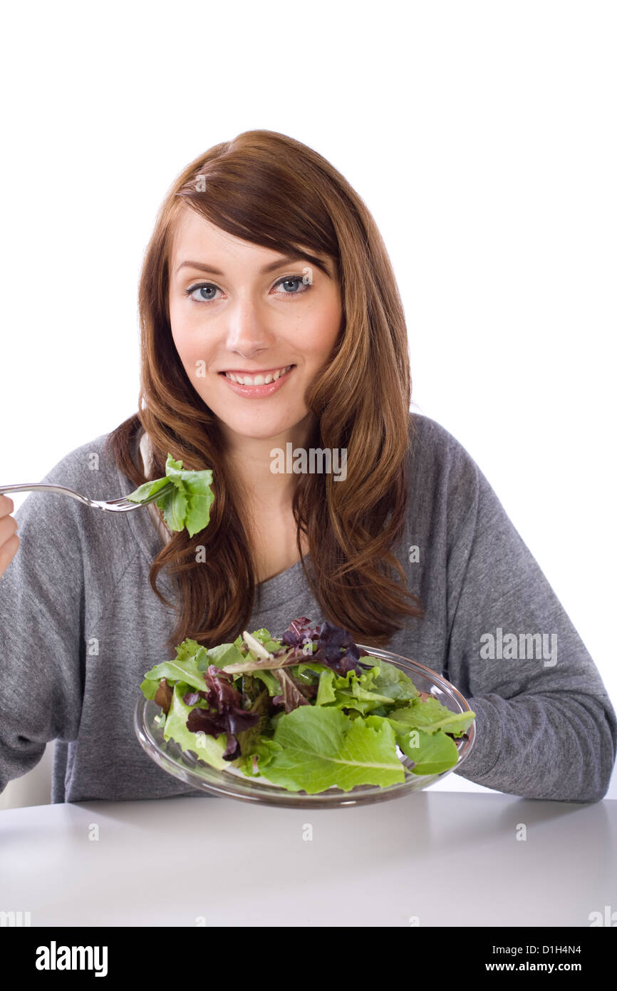 WOman Eating Salad Isolated on White Stock Photo - Alamy