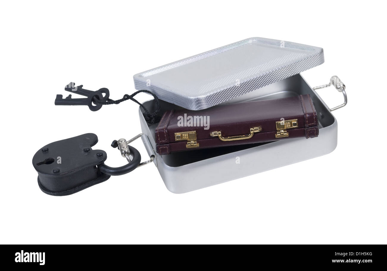 Leather briefcase in a tin locker with large padlock and keys - path ...