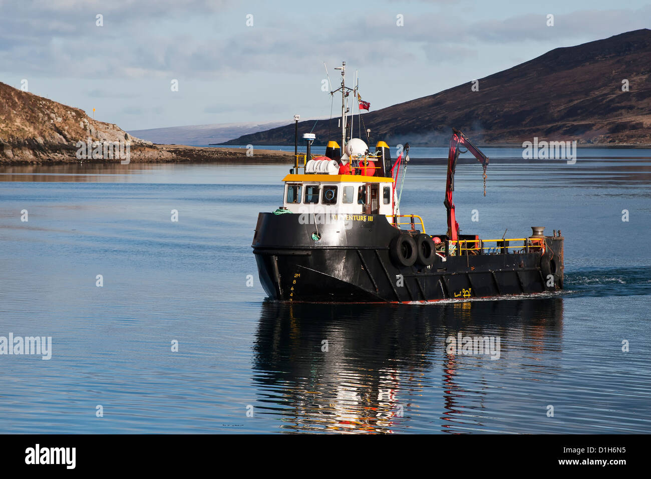 Fish farm boat at salmon farm, Loch Ainort, Isle of Skye, Scotland, UK ...