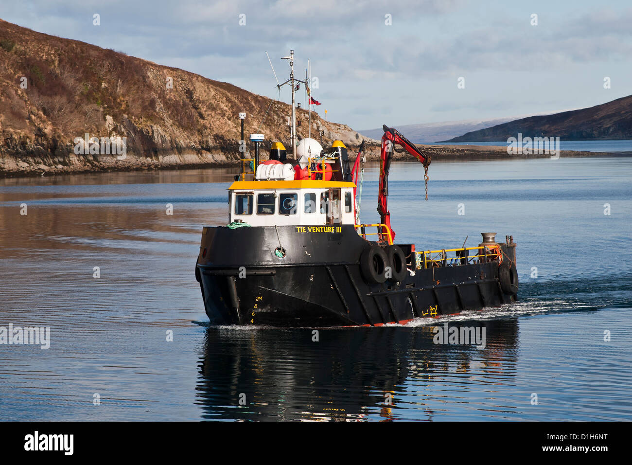 Fish farm boat at salmon farm, Loch Ainort, Isle of Skye, Scotland, UK ...