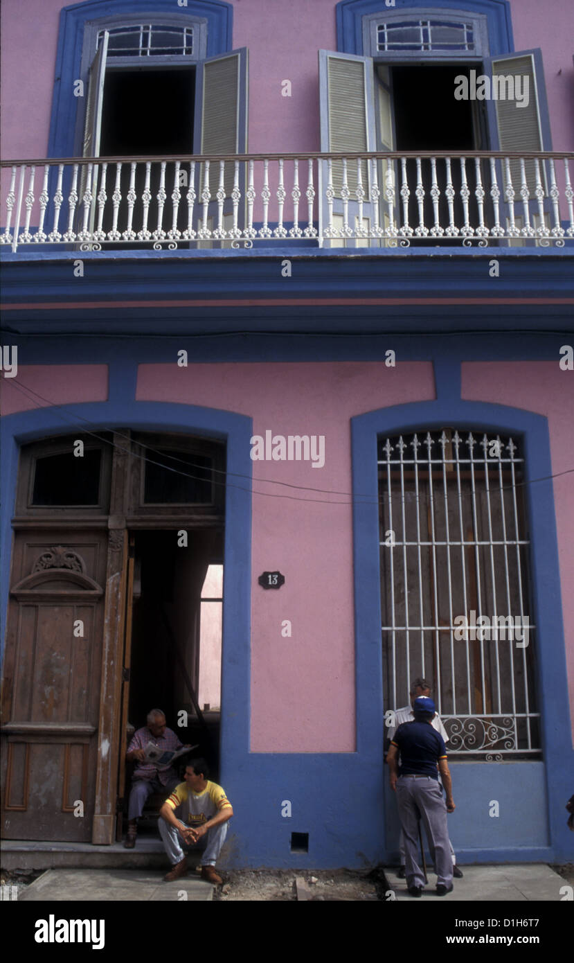 Pink and blue two storey house in Havana Cuba Stock Photo - Alamy