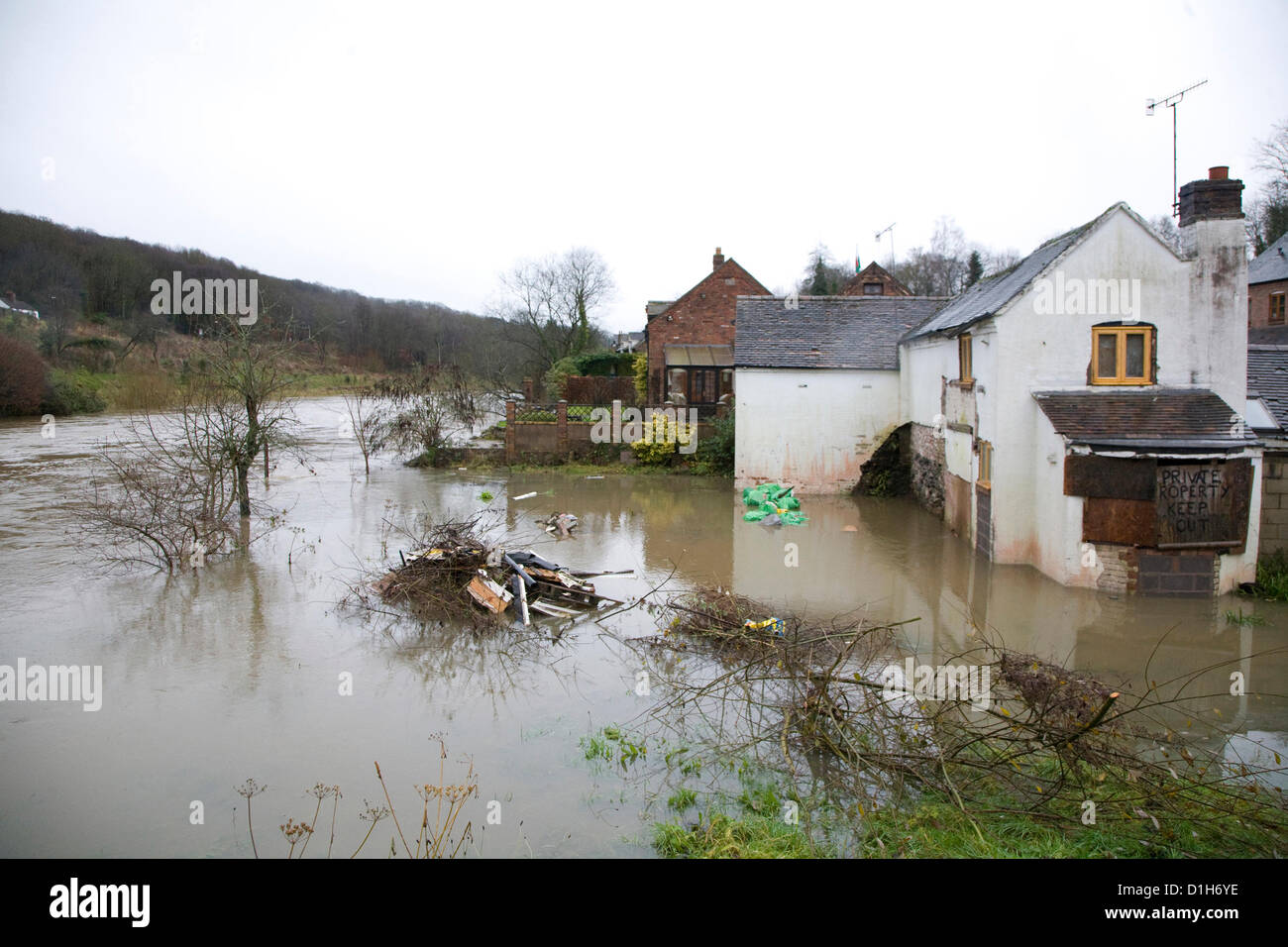 22nd December 2012. The River Severn flooding at Jackfield, in the ...