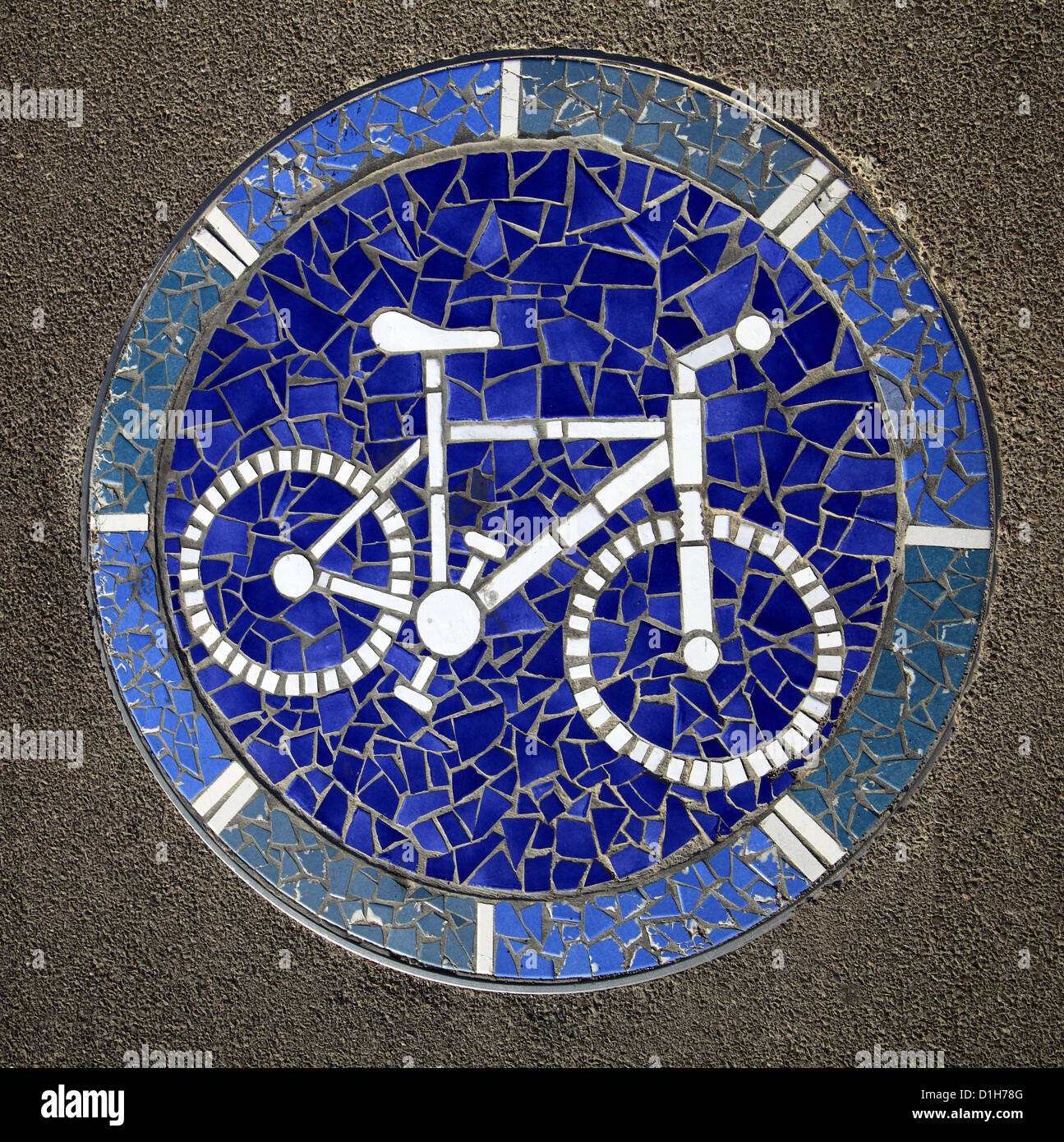 Mosaic on a bike path representing a bike, Sete, Languedoc Roussillon ...