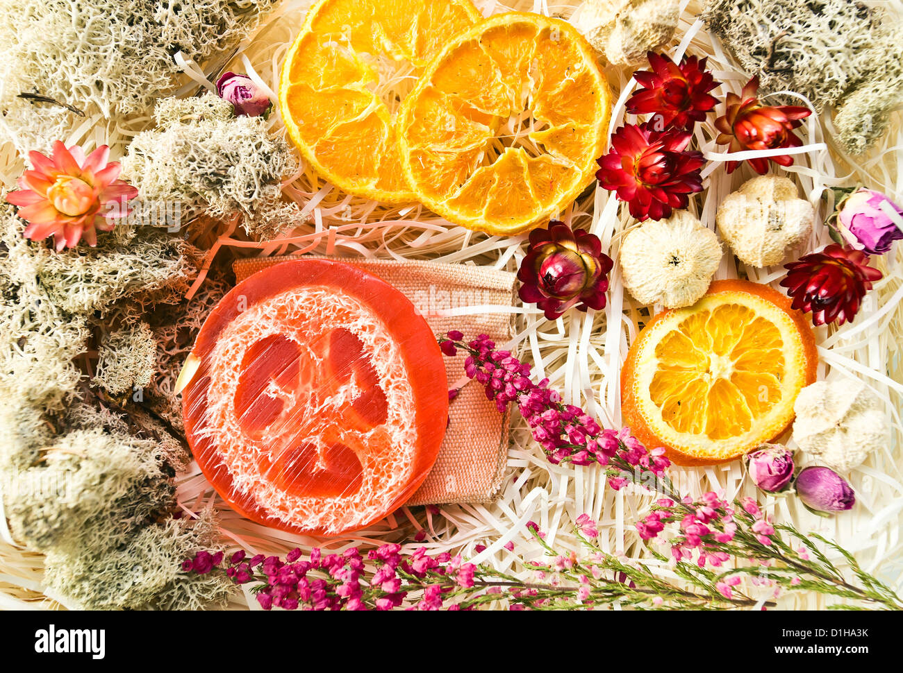 Background of a spa with dried fruits, plants and flowers Stock Photo ...