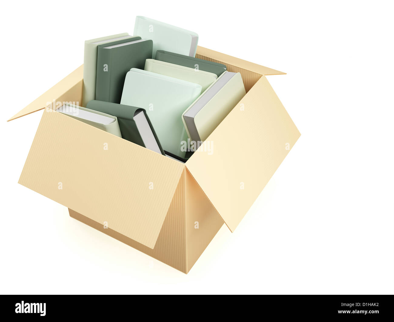 Cardboard box with heap of books on white background Stock Photo - Alamy