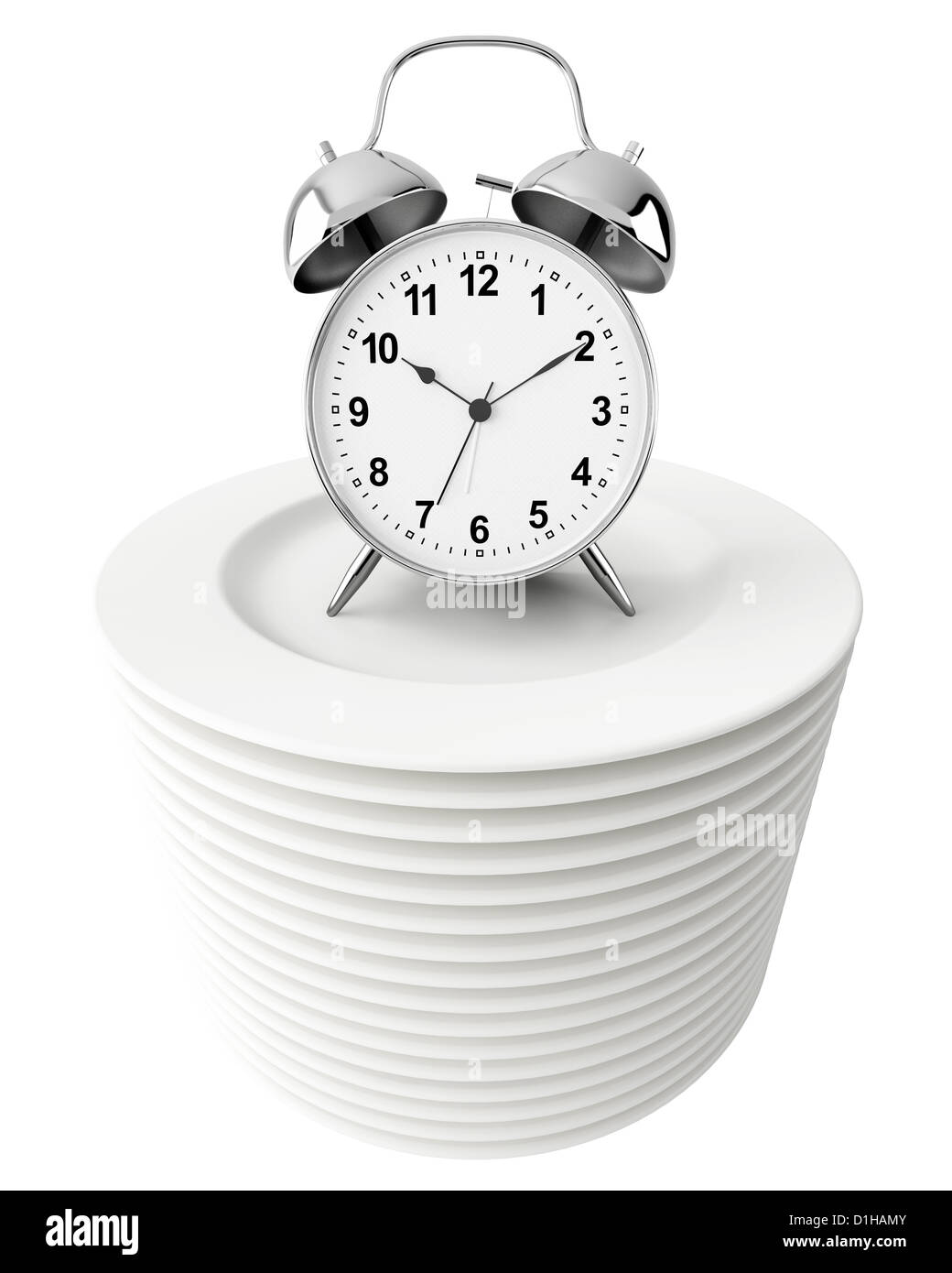alarm clock on stack of plates on white background Stock Photo - Alamy
