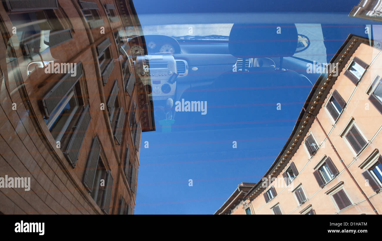 The reflection in the back window of the car. Rome, Lazio, Italy Stock ...