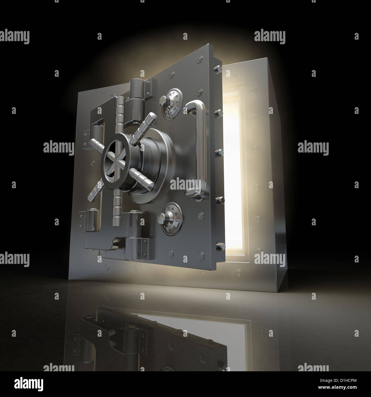 Opening vault and volume light on black background. 3d Stock Photo - Alamy