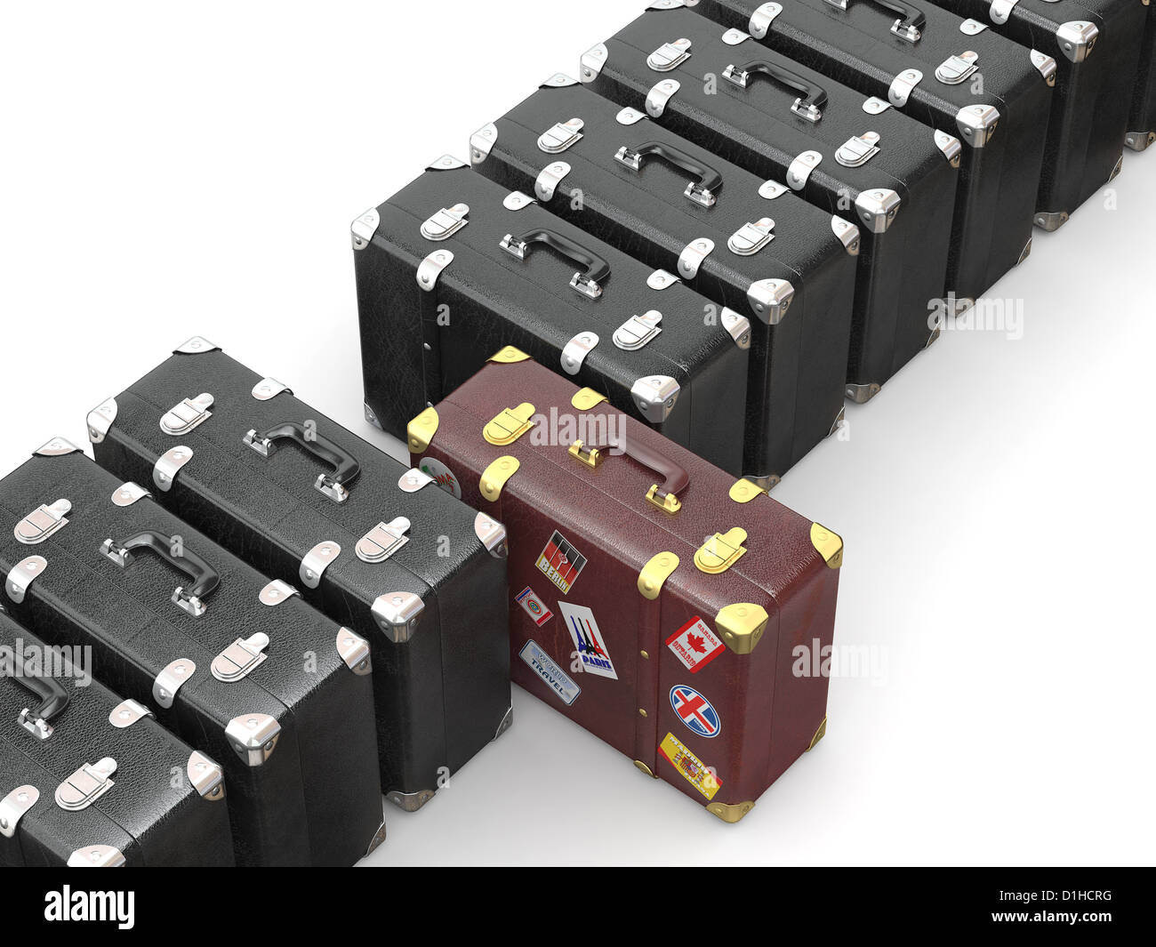 Choose travel. Many suitcases on white isolated background. 3d Stock ...