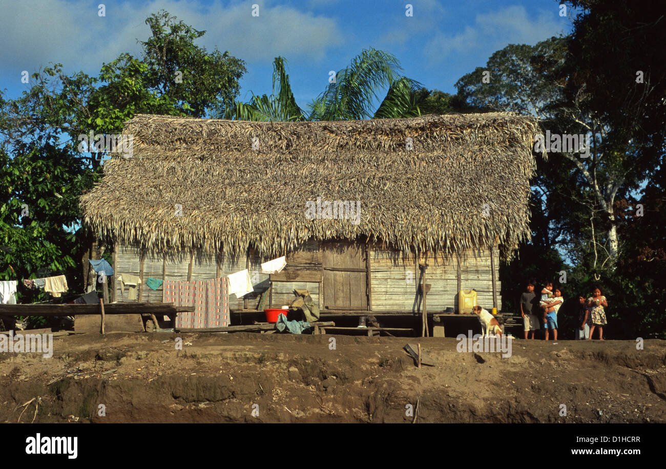 Native indigenous family with house by the riverside, Amazon region ...
