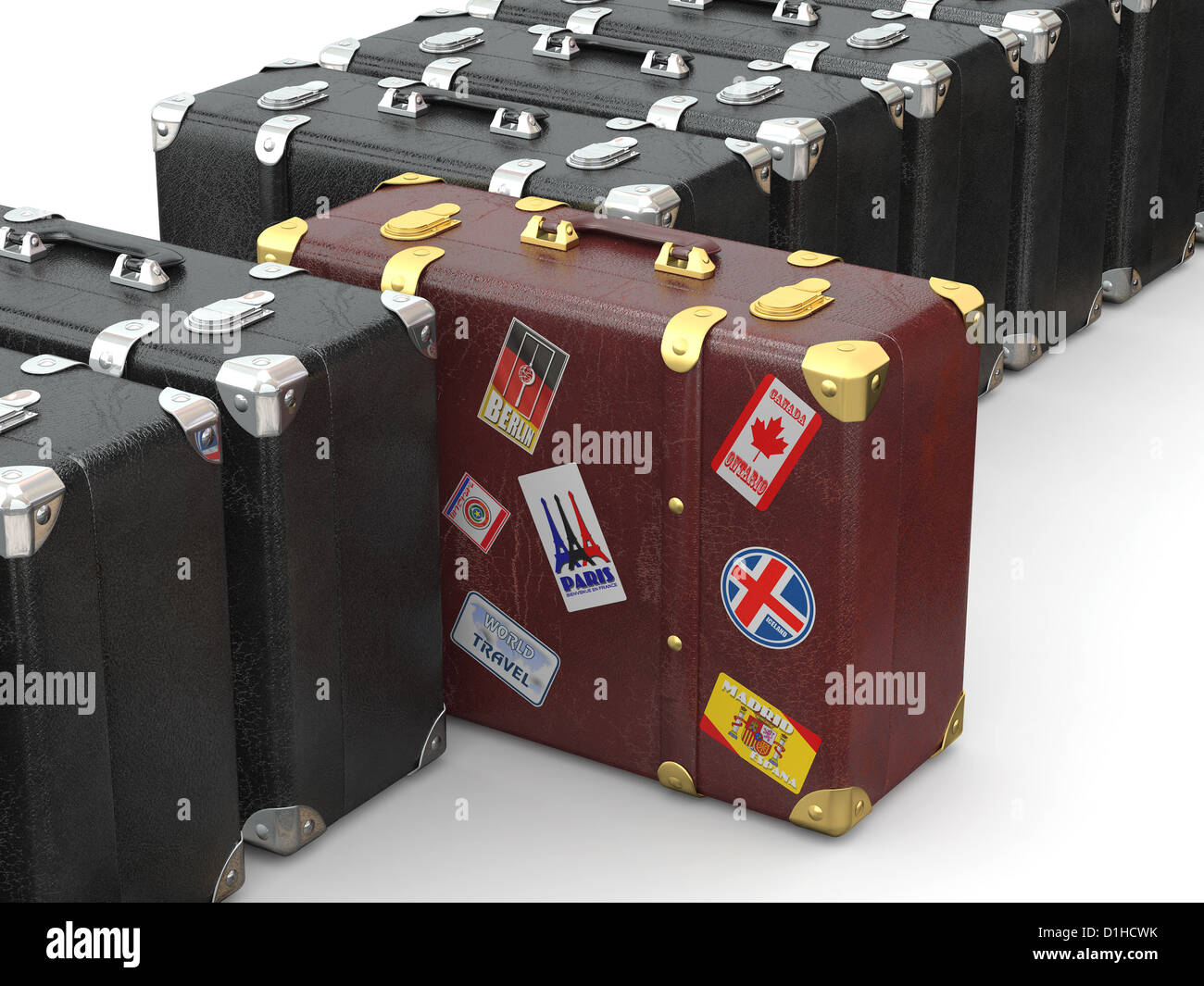 Choose travel. Many suitcases on white isolated background. 3d Stock ...