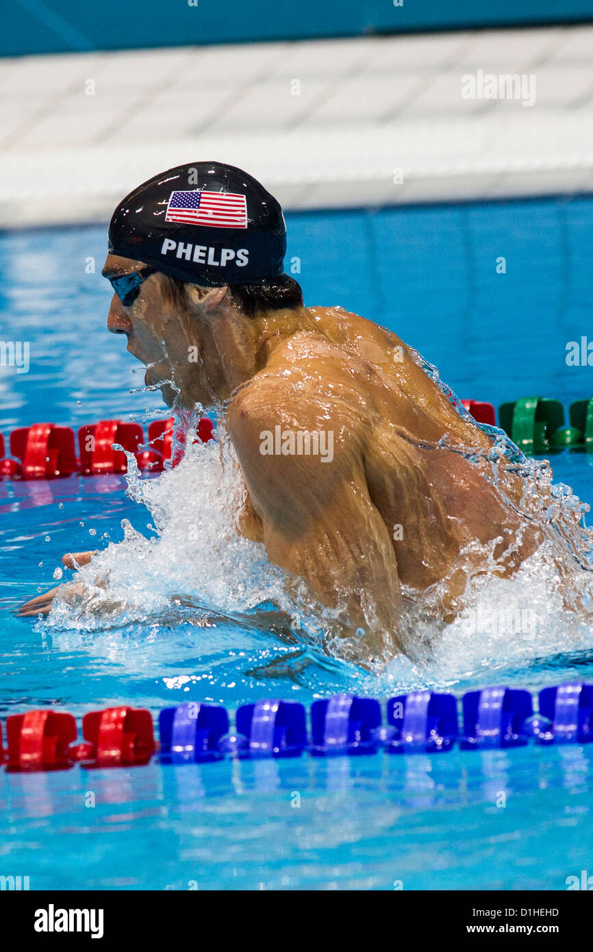 Michael Phelps (USA) competing in the breaststroke leg of the Men's ...