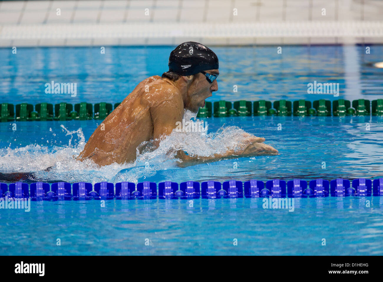 Michael Phelps (USA) competing in the breaststroke leg of the Men's ...