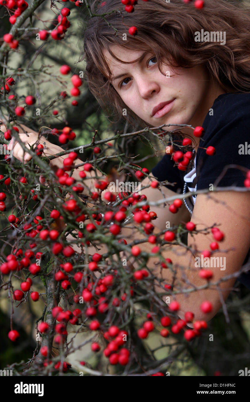 Portrait of a young woman with brown hair in rosehip bushes Czech ...
