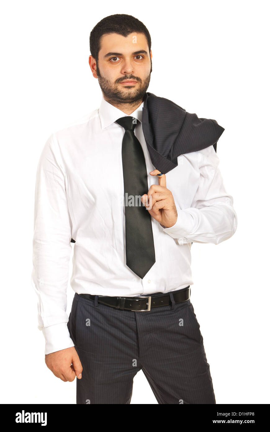 Modern business man holding jacket on shoulder isolated on white ...
