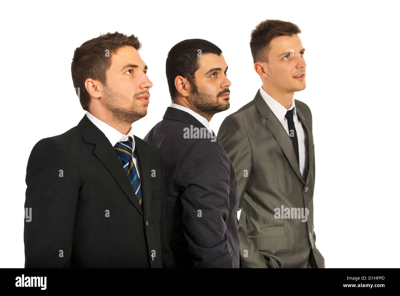 Three business men team looking away isolated on white background Stock ...